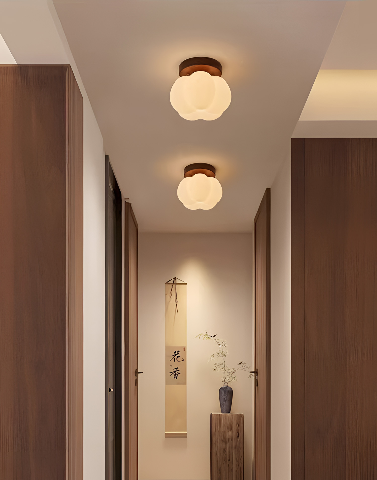 Walnut Wood Roll Molded Pumpkin, Wabi Sabi Modern, Flush Ceiling light ...