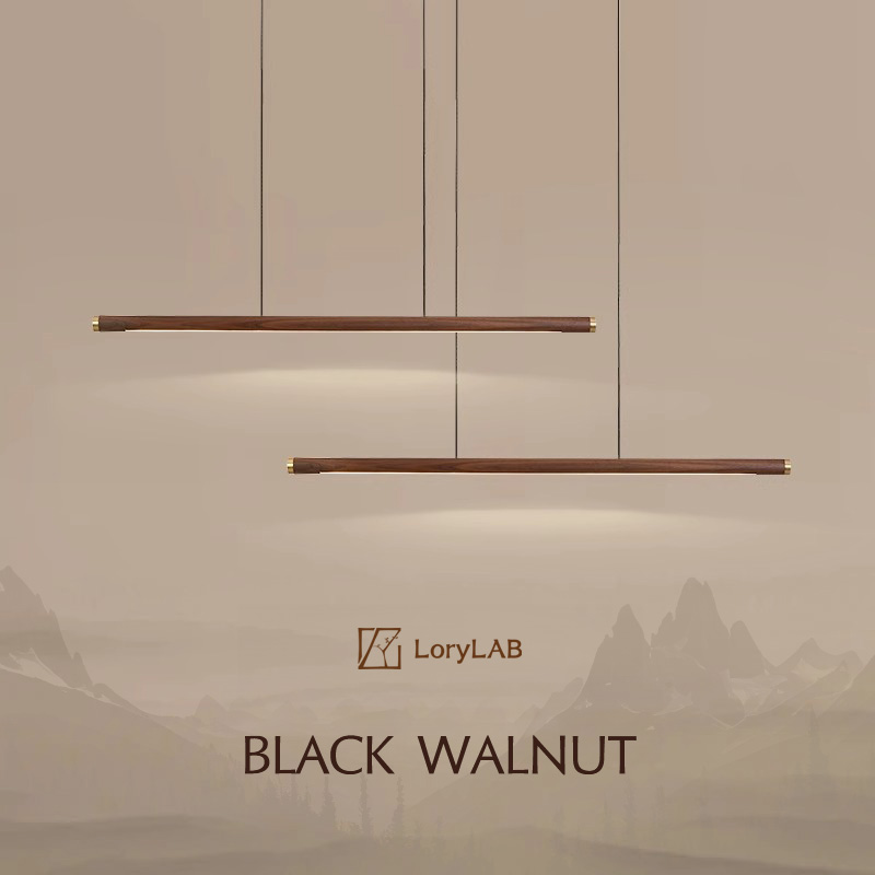 Walnut Wood Brass Linear Pendant Light Fixture, Dinning Room Light ...